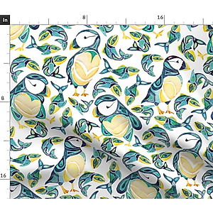 Spoonflower Fabric - Puffin Party Geometric Fish Boy Wildlife Puffins Art Tattoo Printed on Petal Signature Cotton Fabric Fat Quarter - Sewing Quilting Apparel Crafts Decor