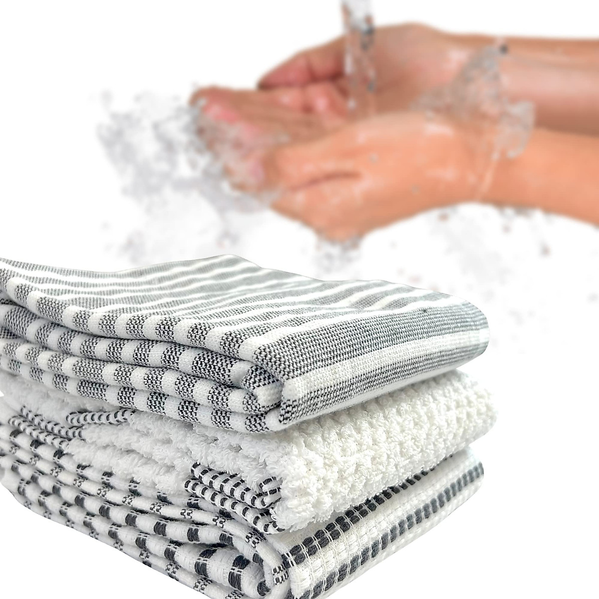 Oversized White Dark Gray Kitchen Towels: 100% Cotton Soft Absorbent Assortment Ribbed Terry Loop, Set of 3 Multipurpose for Everyday Use (Charcoal)