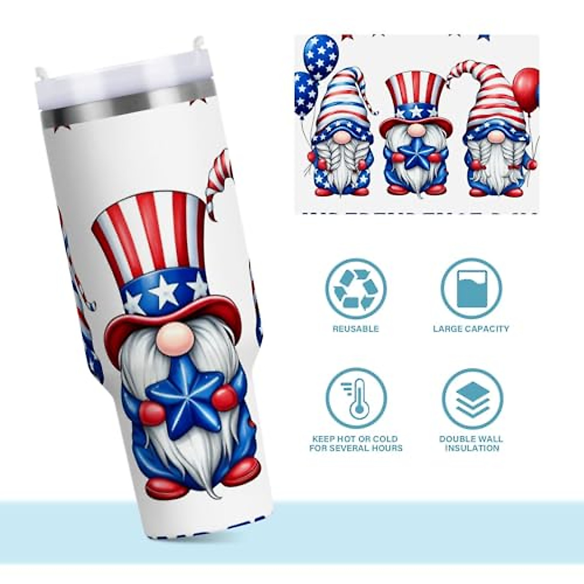 Festive Independence Gnomes Insulated Vacuum Tumbler with Handle and Straw for Water, Insulated Tumbler 30 OZ / 0.89 L