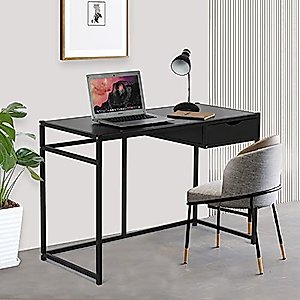 WJHWSX Modern Writing Desk, Laptop Computer Work Desk, Home Office Desk with Drawers, Wood Student Study Table Notebook Workstation, Farmhouse Small Space Cheap Black Desks for Bedrooms (Black)
