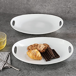 Buyajuju Porcelain Serving Platter with Handles, 14" Serving Dishes for Entertaining, Oval Serving Tray for Salad, Stew, Fruits and Pasta, Set of 2, White