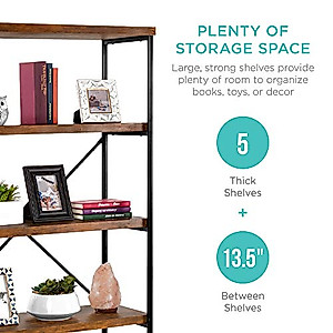 Best Choice Products 5-Tier Rustic Industrial Bookshelf Display Décor Accent for Living Room, Bedroom, Office w/Metal Frame, Wood Shelves - Brown