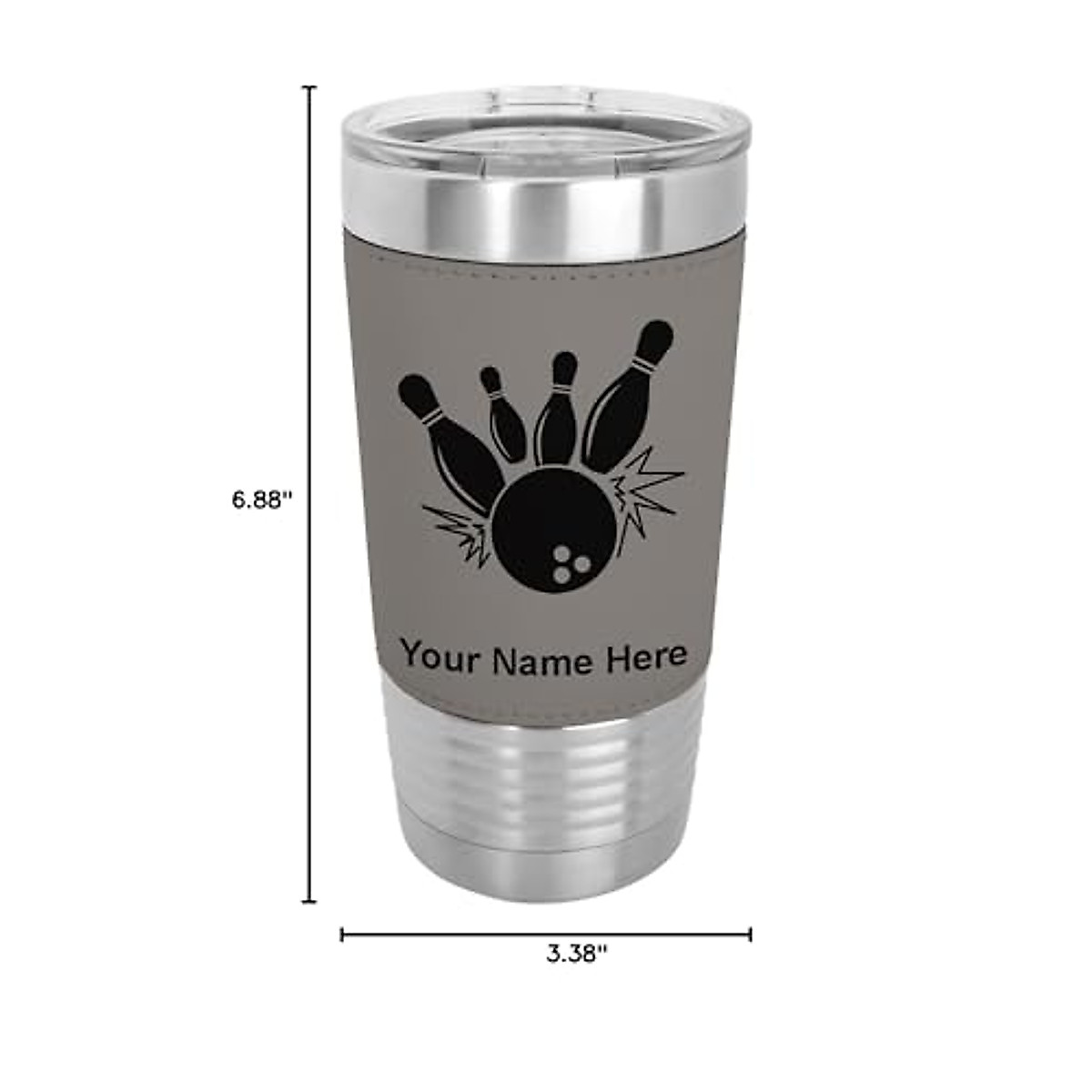 LaserGram 20oz Vacuum Insulated Tumbler Mug, Bowling Ball and Pins, Personalized Engraving Included (Faux Leather, Gray)