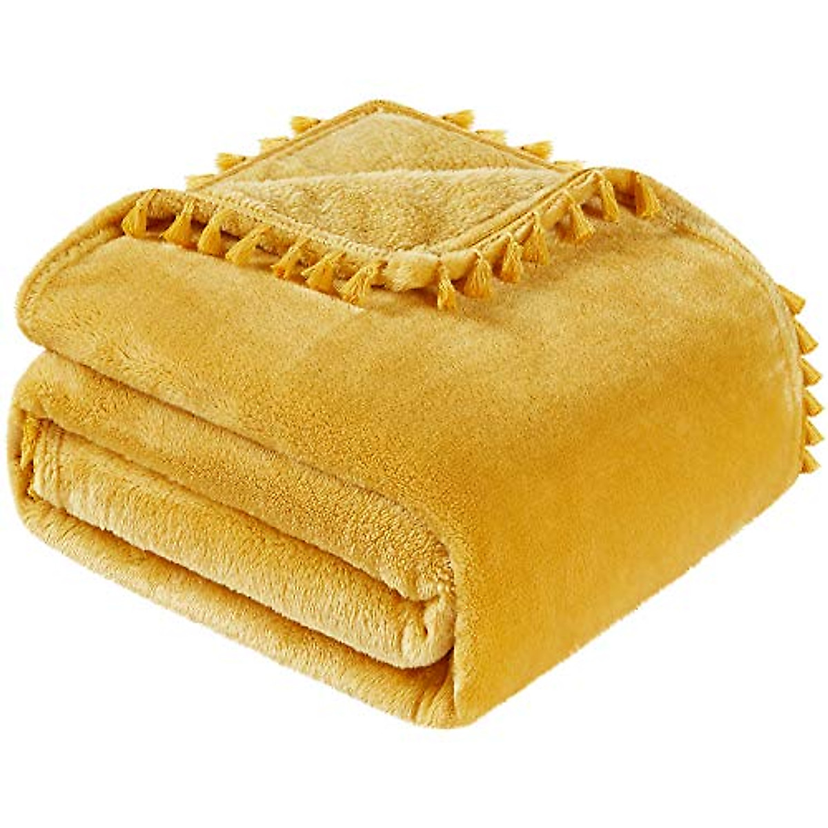 HOMEIDEAS Flannel Fleece Blanket Throw Size with Tassels Fringe - Lightweight Fuzzy Blanket for All Season - Super Soft for Couch Bed Camping Travel (50x60, Mustard Yellow)