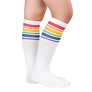 Cosy Encounter Kids Toddler Stripes Knee High Socks Cotton Sports Soccer Uniform Tube Stockings for Boys Girls 1 Pair White Rainbow One Size (WDCEAS4190S101PSN)