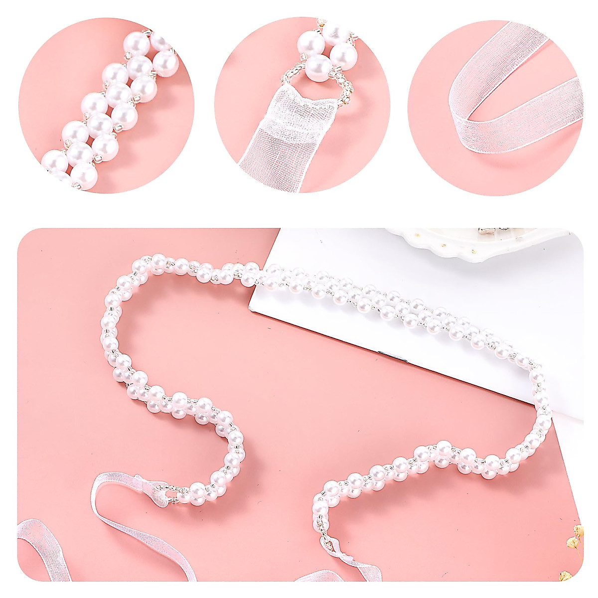 Amaxiu Women Skinny Pearls Belts, Bridal Wedding Waist Belt Bridesmaid Waistband Adjustable White Ribbon Belt for Dress
