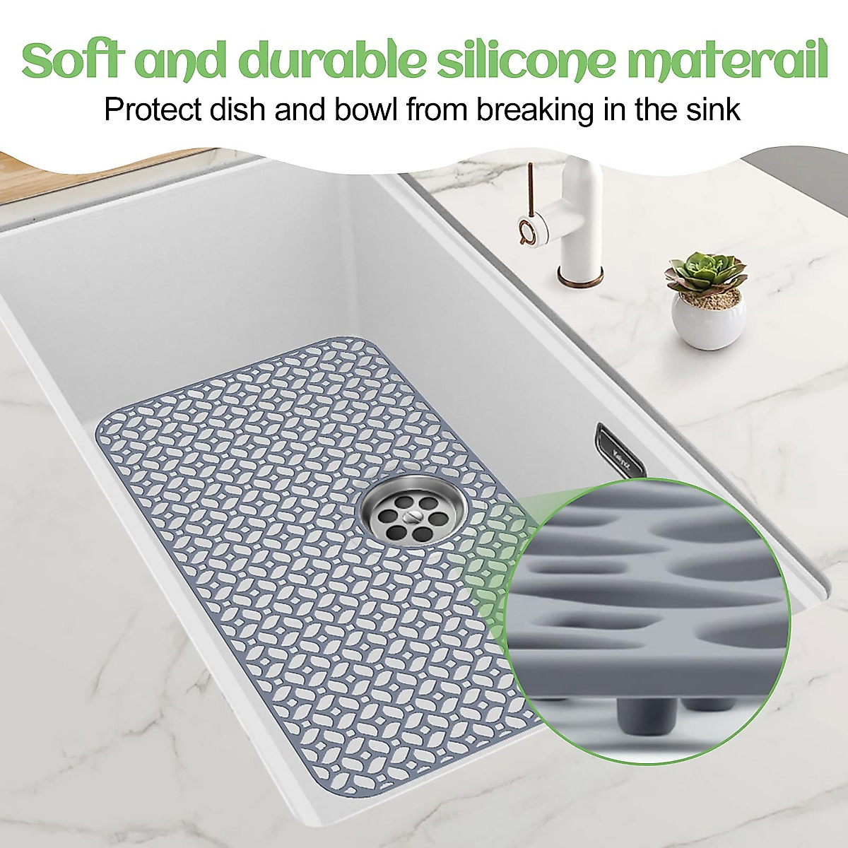 JUSTOGO Silicone Sink Protectors for Kitchen Sink 26.4"x14.4", Kitchen Sink Mat Grid Heat Resistant Sink Mats for Bottom of Kitchen Sink Farmhouse Stainless Steel Porcelain Sink Mat Rear Drain, Grey