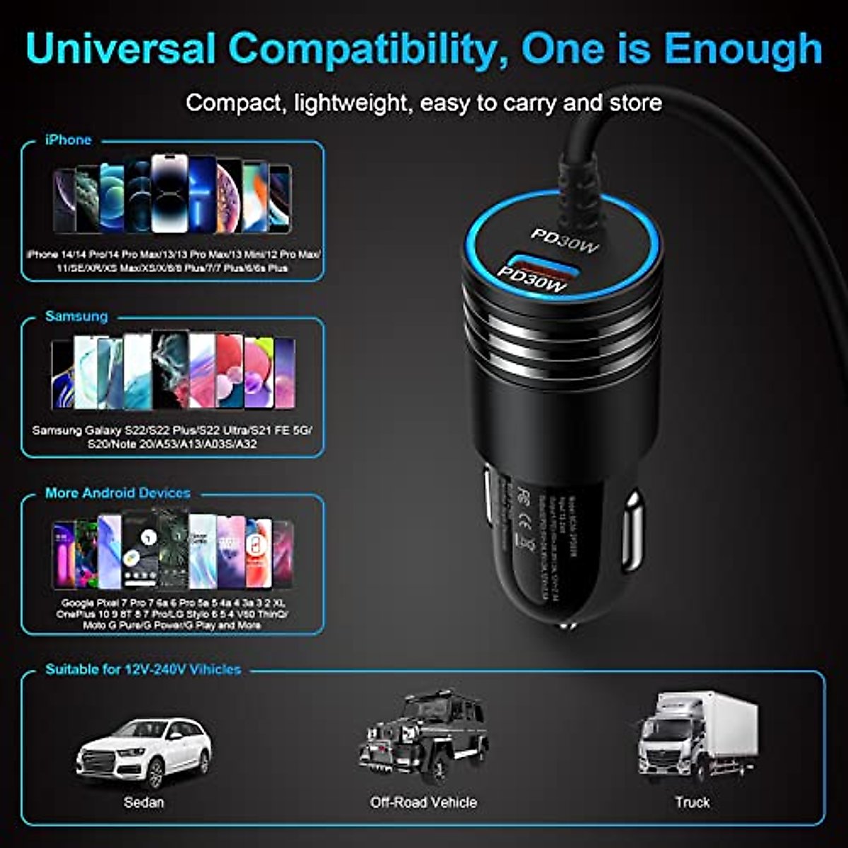 Android USB C Samsung Super Fast Car Charger for Samsung Galaxy S23 Ultra/S23/S23 Plus/A14 5G/A54/S22/S21 fe/S20/A53 5G/A13/A03S/A32, 60W Fast Car Adapter with 30W Built-in Type C Fast Charging Cable