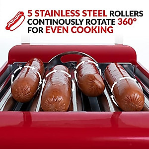Nostalgia Coca-Cola Hot Dog Roller Holds 8 Regular Sized or 4-Foot-Long Hot Dogs and 6 Bun Capacity, Stainless Steel Rollers, Perfect For Breakfast Sausages, Brats, Taquitos, Egg Rolls, Red/White