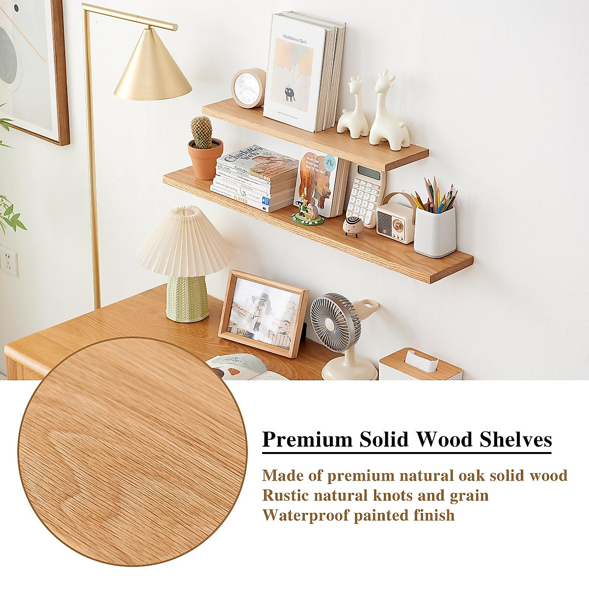 Oak Floating Shelves Rustic Wood Wall Shelves for Wall Storage, Wall Mounted Wooden Display Shelf Wide for Living Room Bedroom Kitchen Bathroom (12 inch)