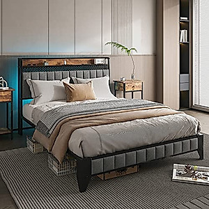 Saudism Full Size Bed Frame with Charging Station, Bed Frame with Led Lights, Full Platform Bed Frame with Soft Storage Headboard, Sturdy and Durable, No Box Spring Needed, Rustic Wood + Steel, Grey