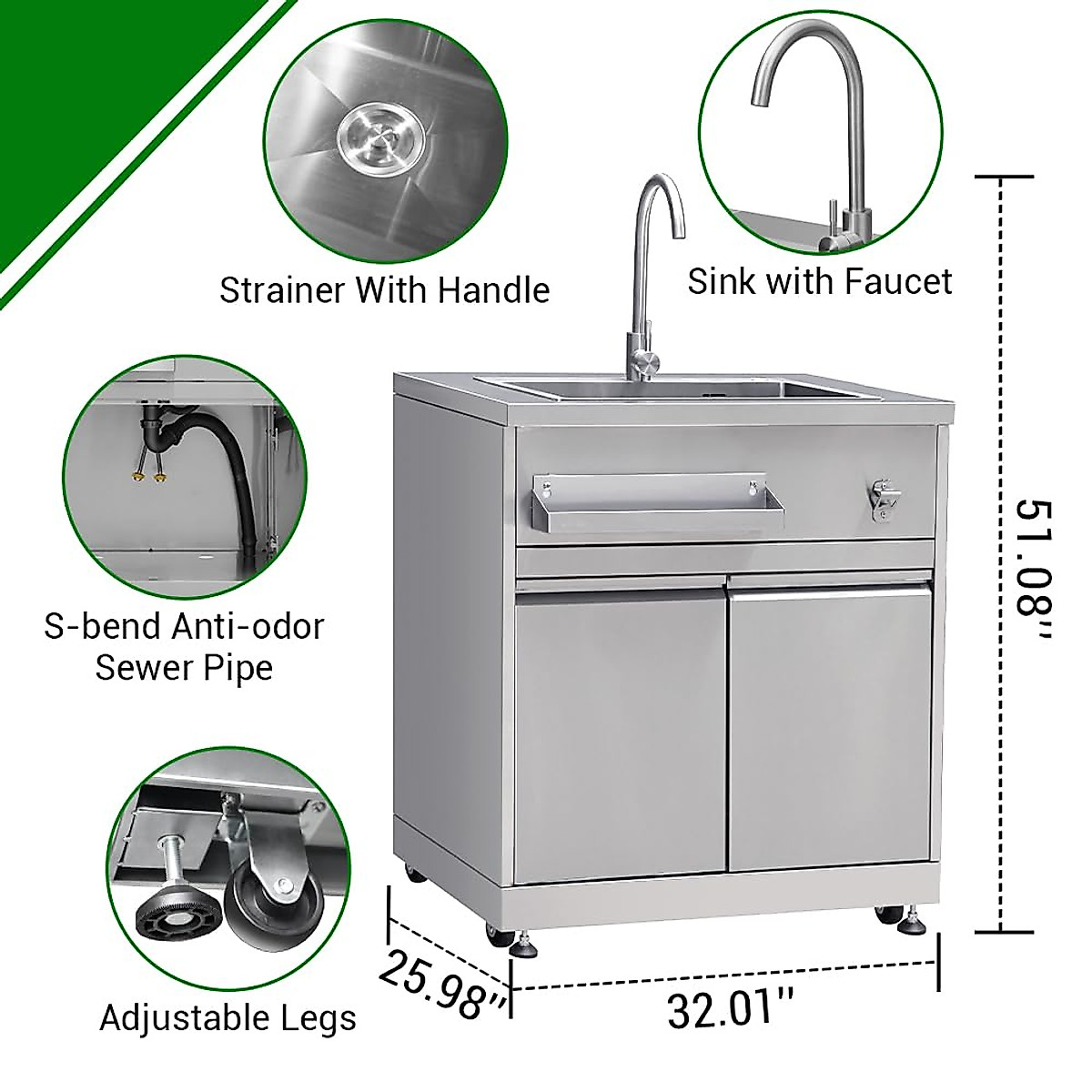 Portable Stainless Steel Sink Station, 32 Inch Single Bowl Kitchen Sink Cabinet, Freestanding Commercial Restaurant Bar Sink with Faucet, Mobile Sink with Hose Hook Up, Bottle Opener and Storage Tray