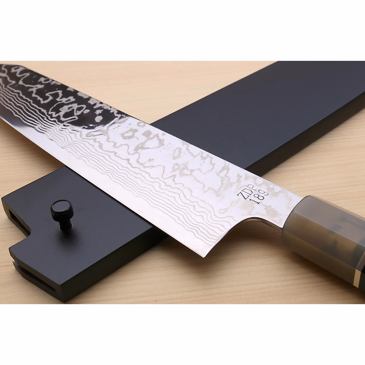 Yoshihiro Hayate ZDP189 Suminagashi Super High Carbon Stainless Steel Kiritsuke Knife Octagonal Ebony Wood Handle with Triple Ring (8.25" (210mm))