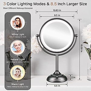 VESAUR Professional 8.5" Lighted Makeup Mirror, 1X/10X Double Sided HD Undistorted Magnifying Mirror with 3 Color 60 LED Lights, Adjustable Brightness, 360° Rotation Vanity Mirror, Unique Black Nickel