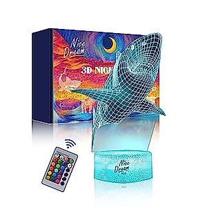 Nice Dream Shark Night Light for Kids, 3D Illusion Night Lamp, 16 Colors Changing with Remote Control, Room Decor, Gifts for Children Boys Girls