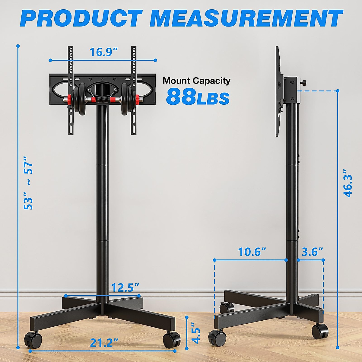 Mobile TV Cart Rolling Floor Stand for 23-60 Inch LCD LED OLED 4K Smart TVs up to 88 lbs, Height Adjustable Outdoor Metal Trolley Stand with Locking Wheels and Tilt Mount for Home Office Portable Use