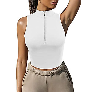 LASLULU Womens Crop Tops Half Zip Up Sleeveless Yoga Tops Compression Summer Athletic Shirts Sports Bra Seamless Workout Gym Pullover Going Out Tops(White Large)
