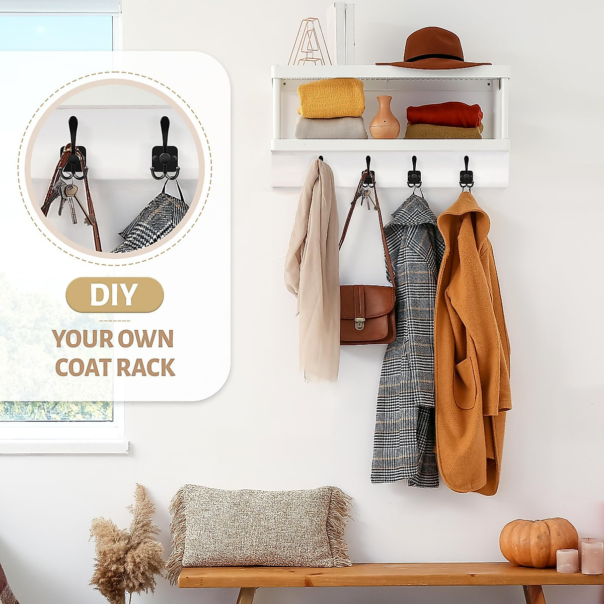 VIS'V Coat Hooks Wall Mount, Black Metal Coat Tri Hooks Heavy Duty Adhesive 3 Prong Coat Hanger Hooks Door Wall Coat Rack Hooks for Livingroom Bathroom Camper 2 Mount Options - 4 Pcs