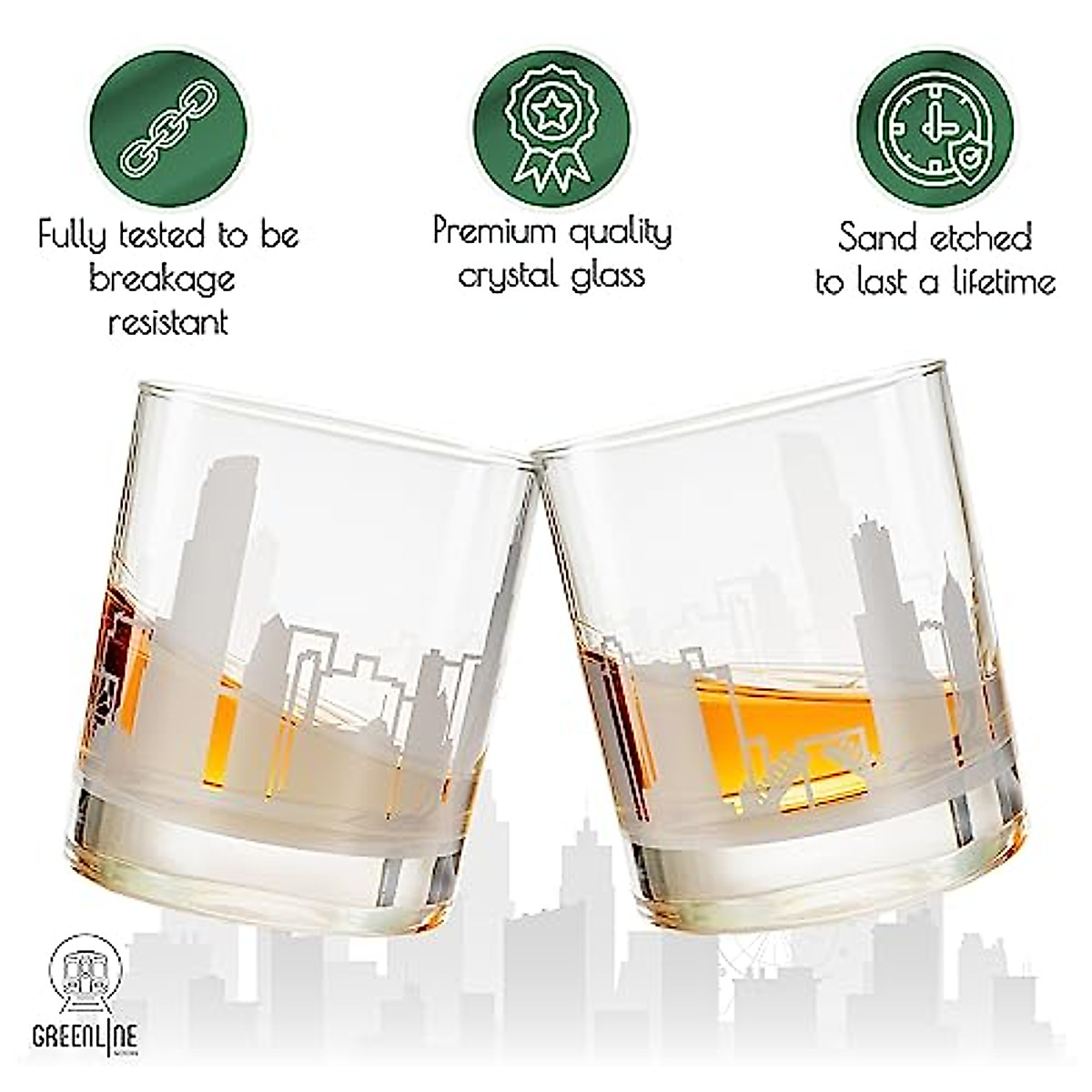 Greenline Goods Skyline Etched Chicago Whiskey Glasses Gift (Set of 2) | Old Fashioned Tumbler – For Chicago Lovers - Windy City Accessories and Souvenirs - Illinois Glassware Decor
