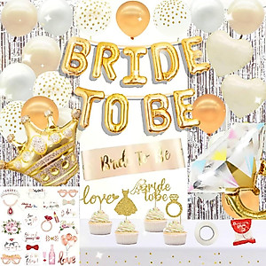 Generic Bride to be Decorations for Bridal Shower Bachelorette Party Pearly White Champagne Gold Includes Balloons Sash Cake Topper Photo Props Tablecloths and More