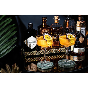 GLASSIQUE CADEAU Vintage Ritzy Cocktail and Champagne Coupe Glasses | Set of 4 | 7 oz Crystal Long Stemmed Glassware for Drinking Martini, Cosmopolitan, Manhattan | Retro Saucers