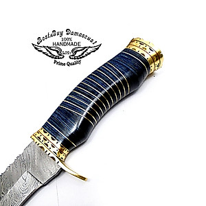 Best.Buy.Damascus1 Blue Wood 13" Fixed Blade Custom Handmade Damascus Steel Kukri Hunting Knife Double Brass Bolster Spacers Unique Beautiful File Work On Handel Come With Leather Sheath
