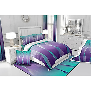 Erosebridal Gradient Gradient Teal to Purple Comforter Set for Girls,Irregular Silver Stripe Wave Line Quilt Ombre Bedding Set King,Abstract Art Room Decor Aesthetic