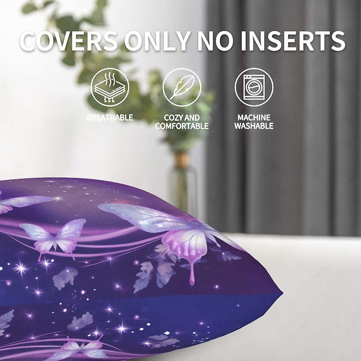 Ouqiuwa Purple Butterfly Throw Pillow Covers Set of 2 16"x16" Square Decorative Sparkle Star Pillowcase Cushion Cover for Bedroom Living Room Car