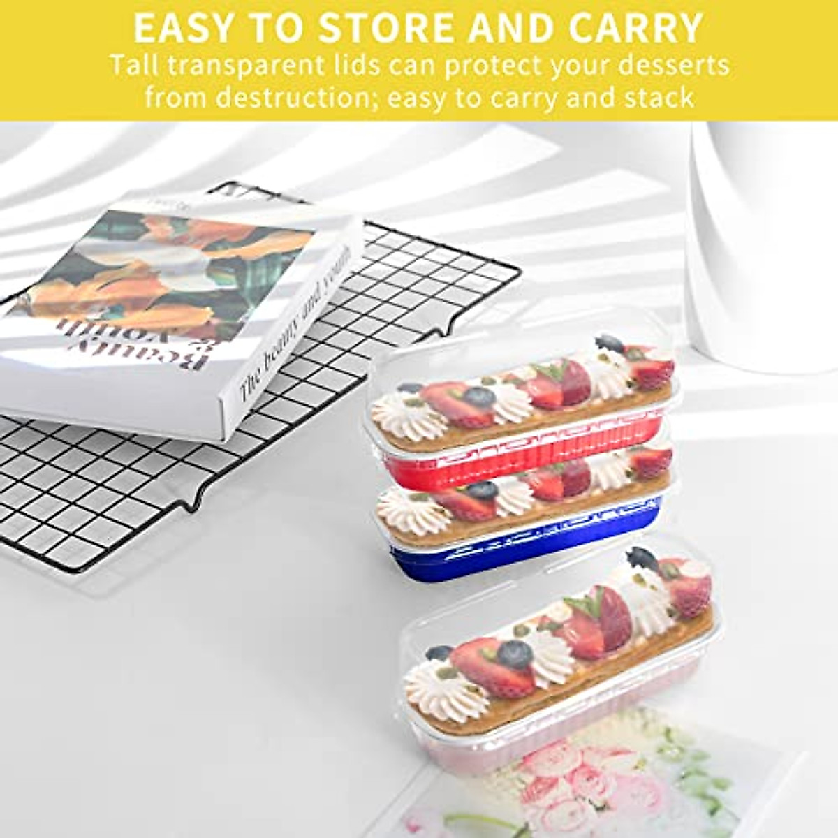 HEYYUMI Disposable Mini Loaf Pans with Lids, 50pcs 6.8oz Aluminum Foil Narrow Cake Pans,Rectangle Cupcake Baking Cups Ramekins Tins Liners Containers Flans for Bread Muffin Brownie Cheesecake(Gold)