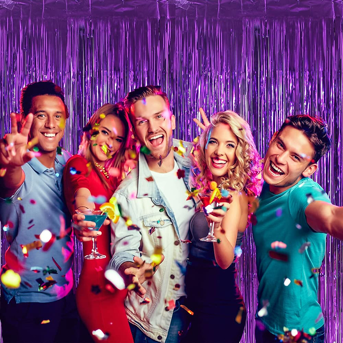 Purple Backdrop Curtains for Party Decorations - 6.5x8.2 ft, Pack of 2 | LILF Non-Marking Tape Foil Fringe Curtain Streamers Tinsel Backdrop for Birthday Bachelorette Party Photo Booth Props