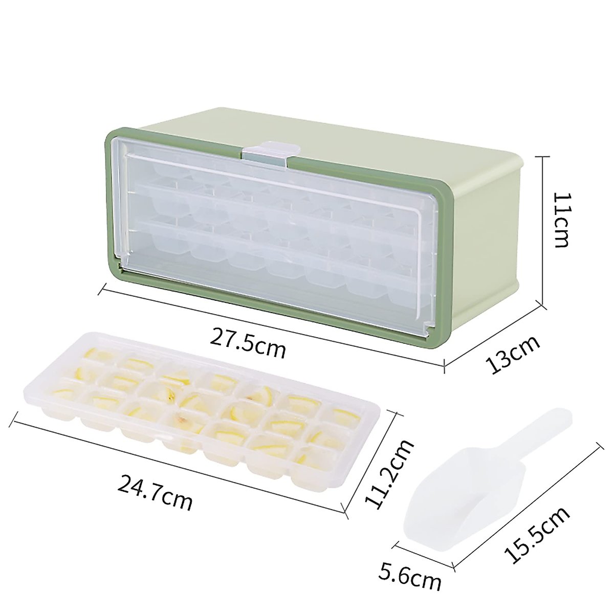 PYANGUHAI Ice Cube Tray with Lid and Bin, Bucket, Maker Substitutes， Comes Container, Scoop Cover Release Box Container for Freezer (Green)