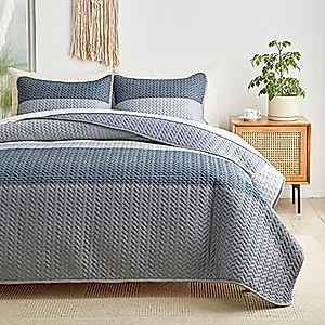 Striped Cotton Quilt Set King Size with White Gray Stripes Soft Cotton Reversible 3pc Quilt Bedding Set, Coverlet, Bedspread with 2 Pillow Shams