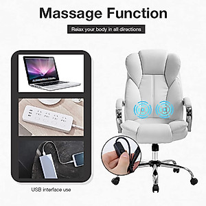 BestOffice Executive Task Rolling Swivel Lumbar Support for Home Office, White PU Leather Massage Ergonomic Desk Chair