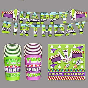METIXOZE Two Infinity and Beyond Birthday Decorations Buzz Cartoon Light inspired Year Toy Inspired Story Birthday Party Supplies 2nd Birthday include Banner Table Cloth Plate Napkins and Cups