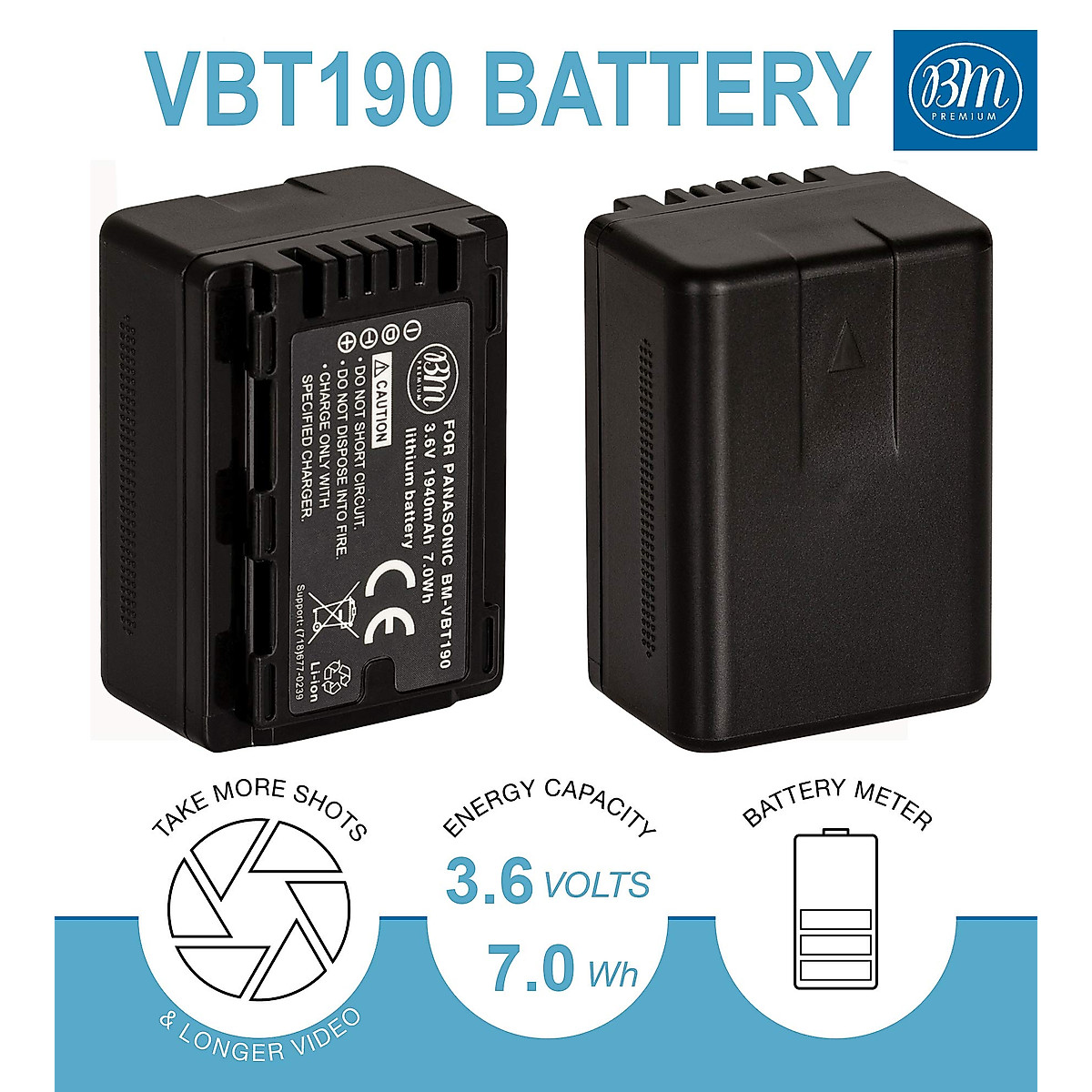 BM Premium VW-VBT190 Battery and Battery Charger for Panasonic HC-V800K, HC-VX1K, HC-WXF1K, HCV510, HCV520, HC-V550, HC-V710, HC-V720, HC-V750, HC-V770, HC-VX870, HC-VX981, HC-W580, HC-W850, HC-WXF991
