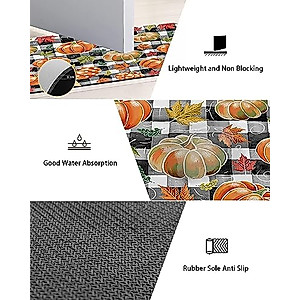 Buffalo Plaid Pumpkins Bath Mat for Tub,Non Slip Bathroom Floor Runner Rug Quick Dry & Absorbent Diatomaceous Earth Shower Sink Kitchen Doormat,Thanksgiving Fall Leaves Black White 20x24+20x48
