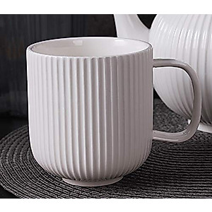 Porcelain White Mugs for Coffee, Tea, Cocoa, Set of 4, 12 oz, Lined Texture, Matte