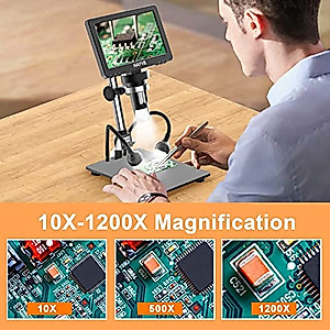 Hayve 7'' HDMI Digital Microscope,1200X Coin Microscope with IPS Screen, 16MP Soldering Microscope with Lights, 8.5'' Long Stand, View Entire Coin, Compatible with PC/TV, 32GB Card