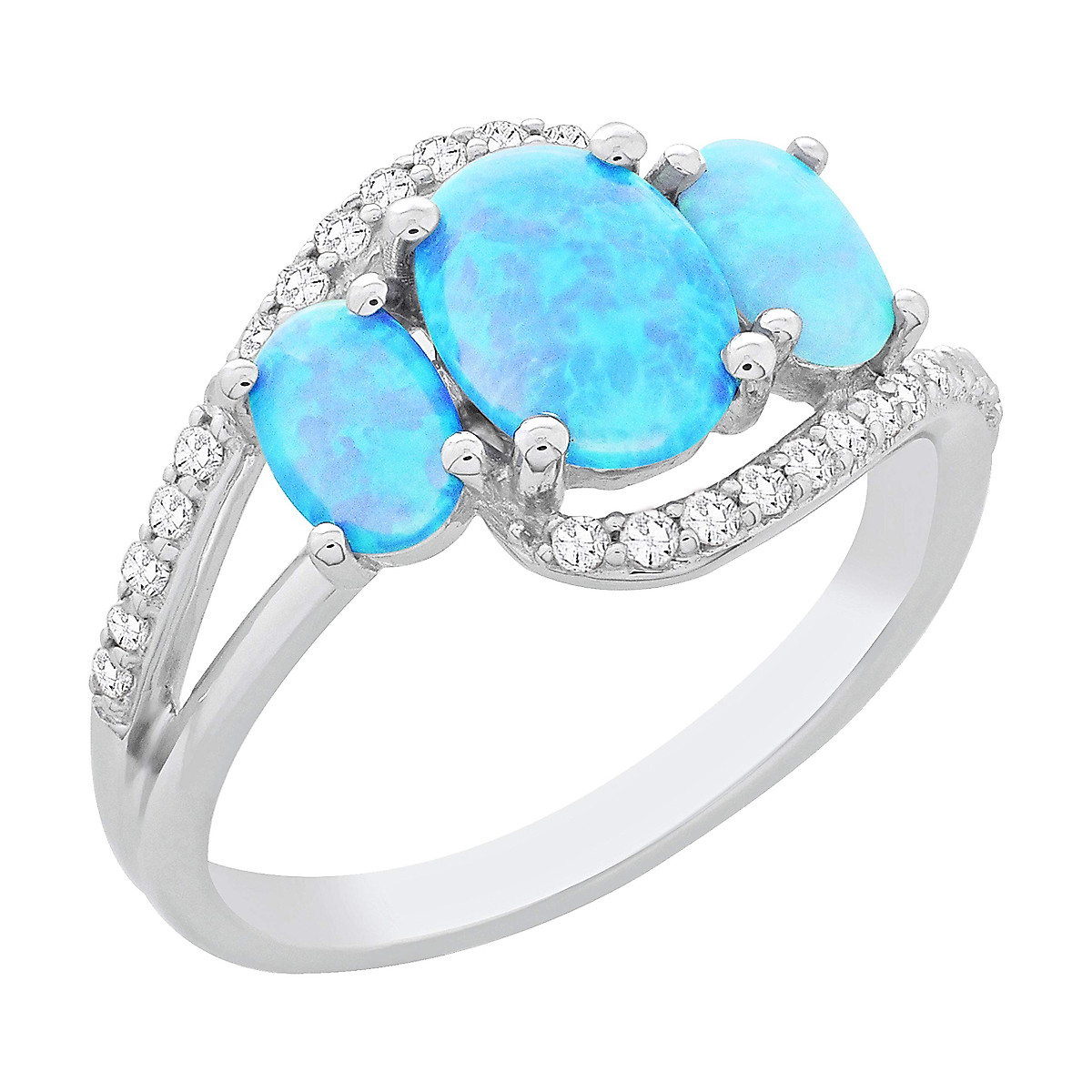 .925 Sterling Silver, Oval Lab Grown Blue Opal Cabochons & Lab Grown White Sapphire Faux Bypass 3 Stone Split Shank Statement Ring - Size 7