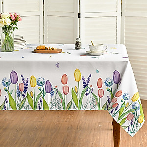 Horaldaily Spring Summer Tablecloth 60x84 Inch, Easter Watercolor Wild Flowers Tulip Lavender Blooming Floral Table Cover for Party Picnic Dinner Decor
