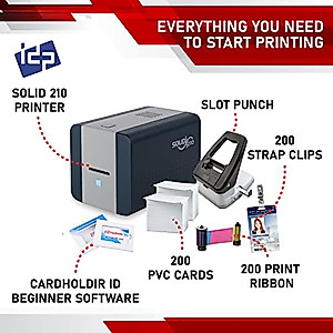 Cardholdir ID Solid 210 Badge Printer | with Beginner Software, 200 Blank ID Cards, Slot Punch, 200 Strap Clips, & 1 Color Ribbon | Single Sided ID Card Printer