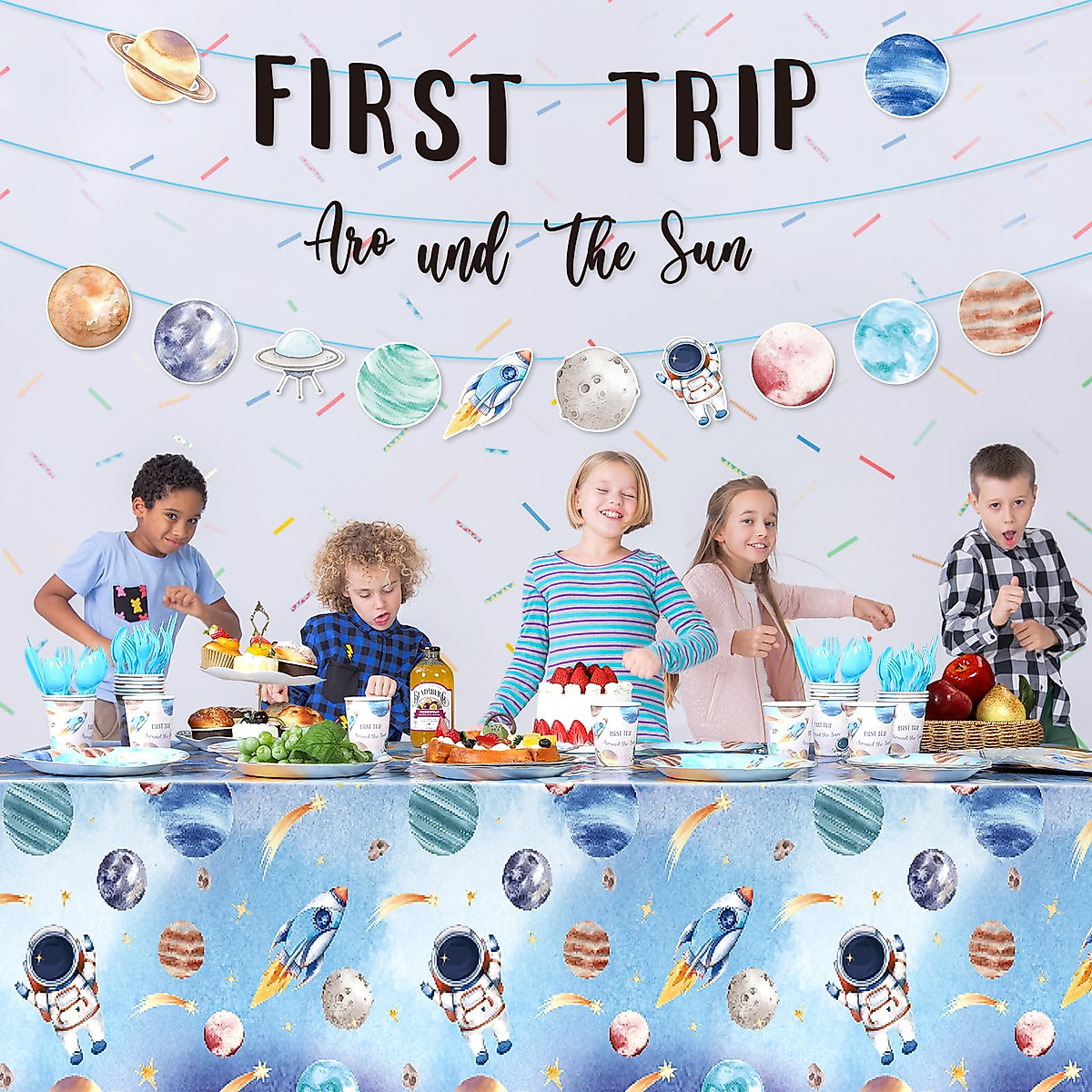 Pasimy 175 Pcs First Trip Around the Sun Birthday Party Supplies Outer Space 1st Birthday Decorations Plates Banner Napkins Tablecloth Solar System Galaxy Tableware Set Baby Shower Decor for 24 Guests