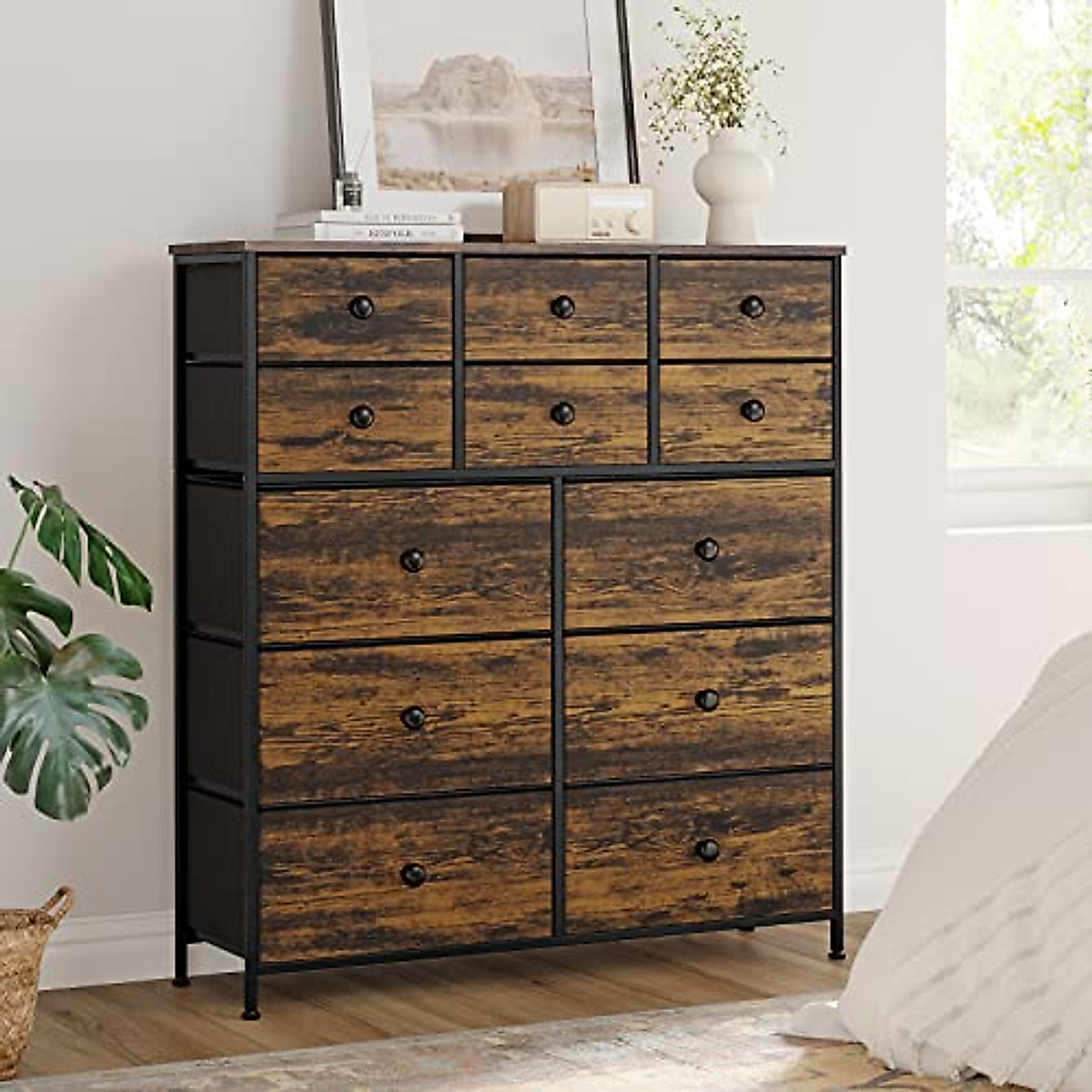 REAHOME Dresser for Bedroom with 8+12 Drawers Fabric Dresser Chest of Drawers with Wooden Top Sturdy Steel Frame Closet Storage Dresser for Living Room Hallway Closets Nursery (Rustic Brown)