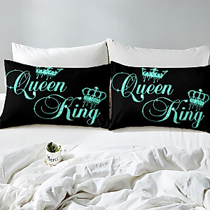 Feelyou Crown Queen and King Couple Duvet Cover Set His and Hers Bedding Set for Teens Women Men Black Teal King Size,Lover Romantic Valentine's Day Decorations Bedspread Cover (No Glitter)