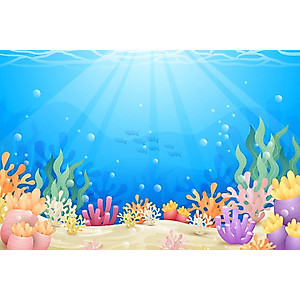 7x5ft Under The Sea Backdrop Colorful Reefs and Algae Decoration Underwater World Backdrops Sun Ray Ocean Photography Background Baby Kids Sea Theme Party Cake Table Banner