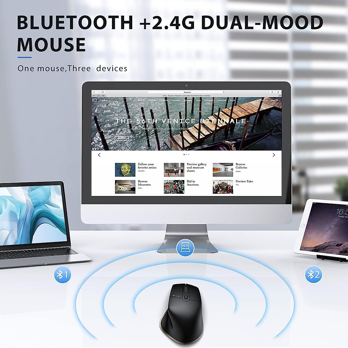 iClever Wireless Mouse with Bluetooth or USB Receiver, 5 Adjustable 2400DPI Rechargeable Computer Mouse, Wireless Mouse for Laptop, iPad, MacBook, Tablet, PC