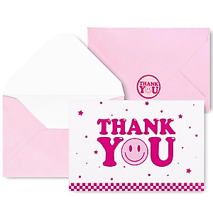 Whaline 20 Set One Happy Dude Thank You Greeting Cards with Envelopes and Stickers Hot Pink Smile Face Thank You Cards for Back to School Wedding Baby Shower Graduation Baby Bridal Birthday