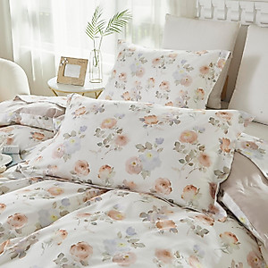 Brandream Floral Bedding Cotton Tencel Duvet Cover Set 4 Piece, 60% Lyocell & 40% Cotton,Hypoallergenic,Breathable and Soft Bedding Set, Floral Duvet Cover with Zipper Closure and Corner Ties