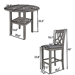 Harper & Bright Designs 3 Piece Counter Height Kitchen Dining Set with Round Drop Leaf Dining Table, Shelf and 2 Cross Back Padded Chairs, Farmhouse Dining Room Set for Small Places, Gray