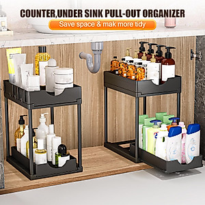 2 Pack Under Sink Organizer with Hooks & Hanging Cups, 2-tier Double Pull-out Drawer Kitchen Under Sink Storage for Canned Sauce, Salad etc, Bathroom Counter Organizer for Spice Makeup Cosmetics